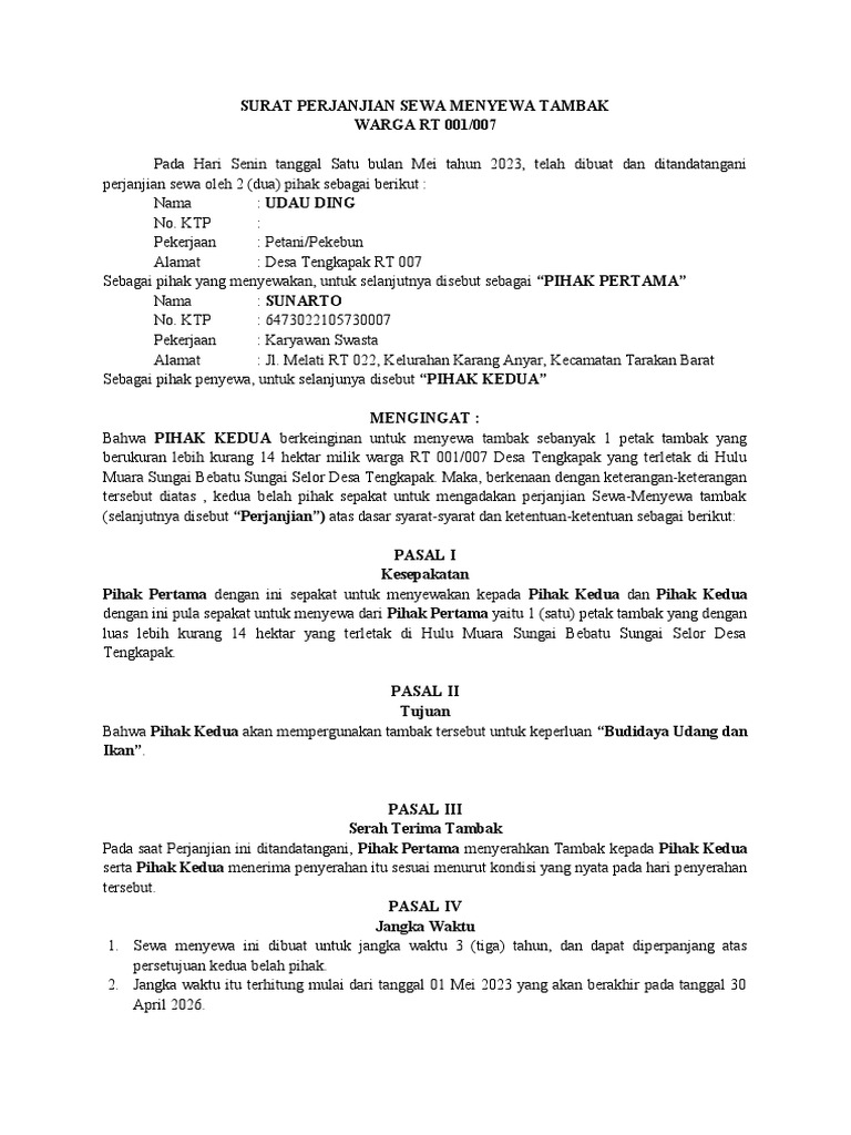 Surat Perjanjian Sewa Tambak | PDF Surat Perjanjian Sewa Tambak | PDF