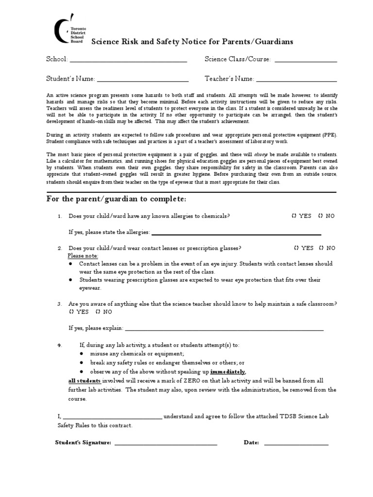1 Science Safety Risk Notice Edited | PDF | Glasses | Laboratories