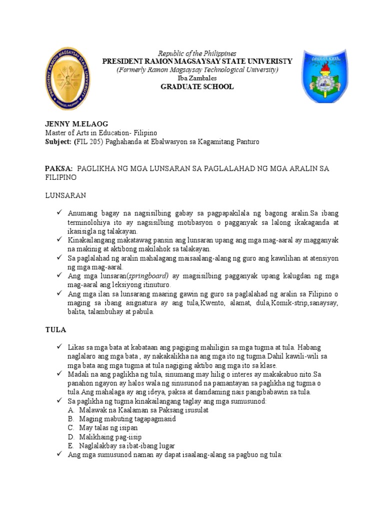 Paglikha NG Mga Lunsaran Sa Paglalahad NG Mga Aralin Sa Filipino | PDF