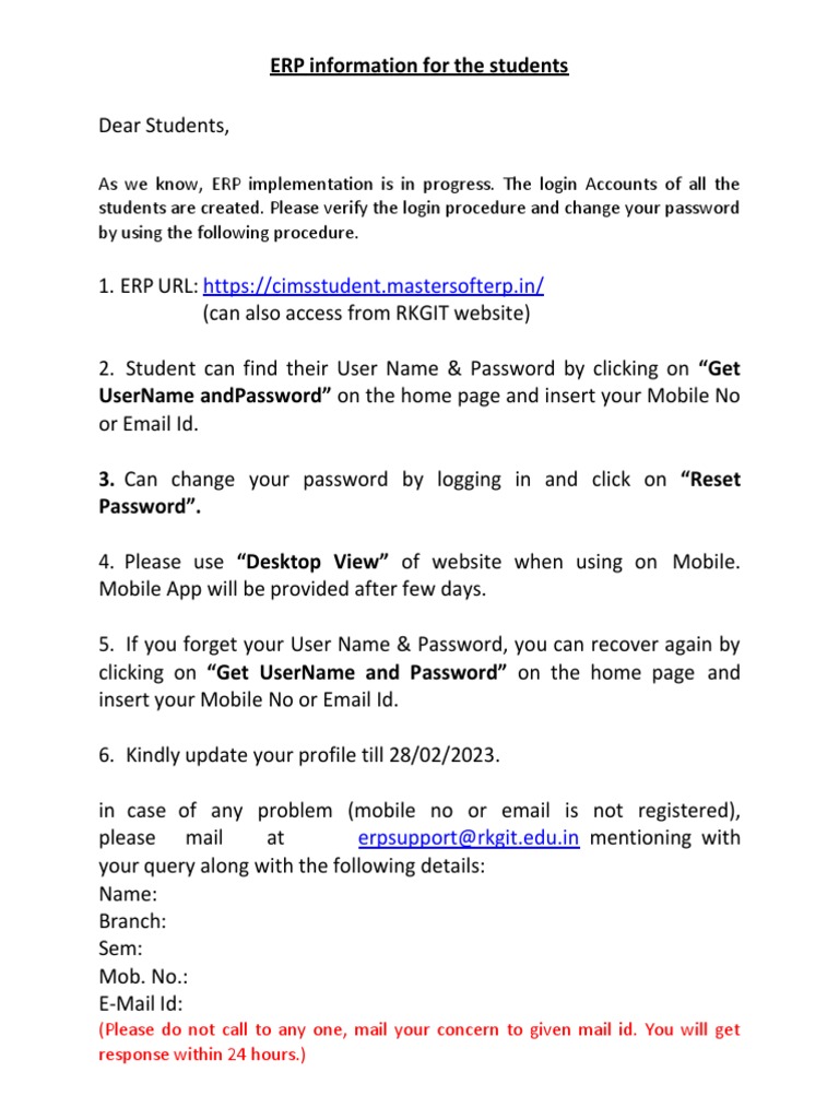 ERP Information - Students | PDF