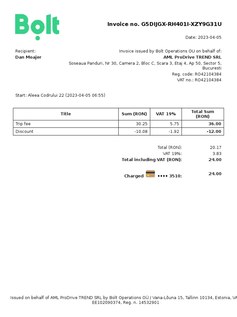 Ride Invoice From Bolt | PDF