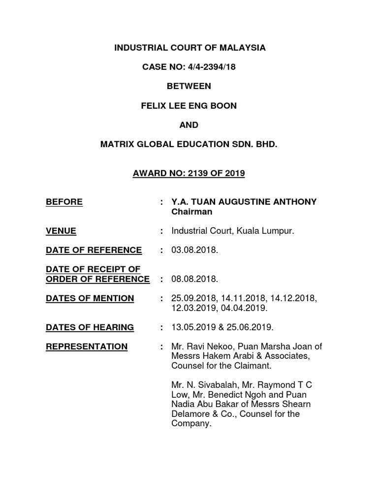Felix Lee Eng Boon V Matrix Global Education Sdn. Bhd. (2019) ILJU 291 ...