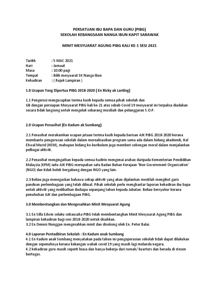 Minit Mesyuarat Persatuan Ibu Bapa Dan Guru 2021 | PDF