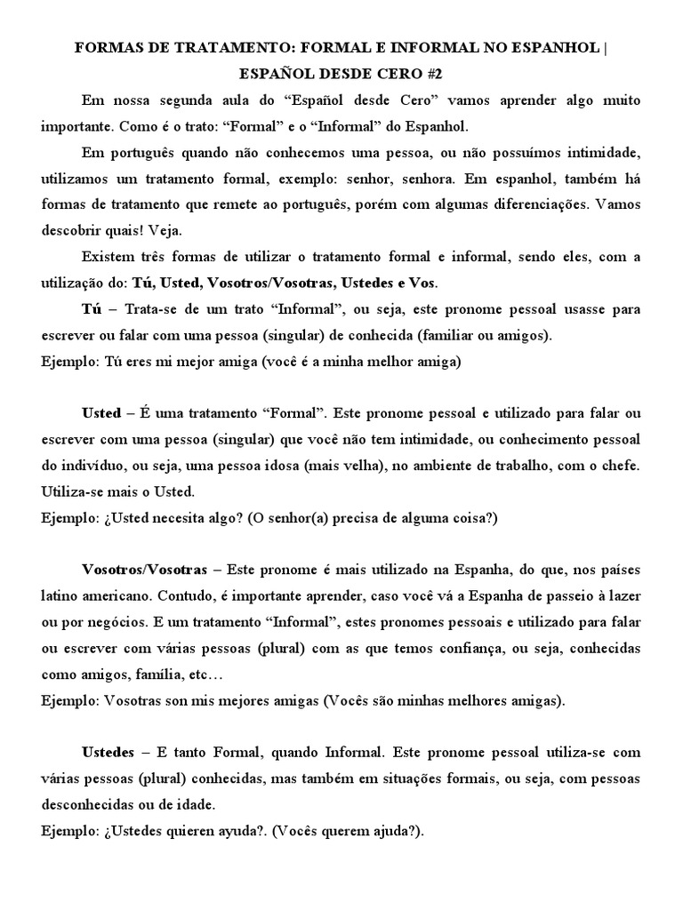 Tratamiento Formal e Informal en Español | PDF | Artes del Lenguaje y ...