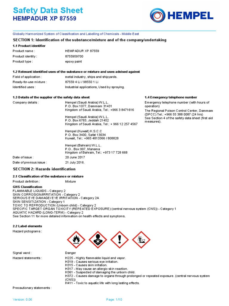 Safety Data Sheet: Hempadur XP 87559 | PDF | Toxicity | Personal Protective Equipment