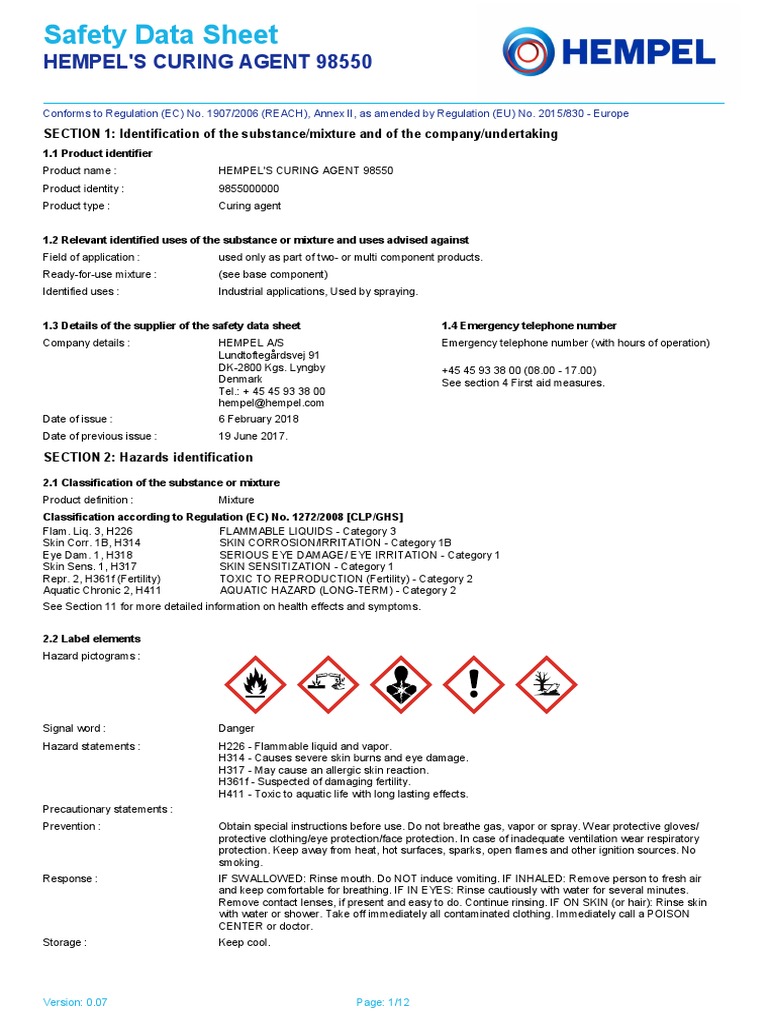 Safety Data Sheet: Hempel'S Curing Agent 98550 | PDF | Personal ...