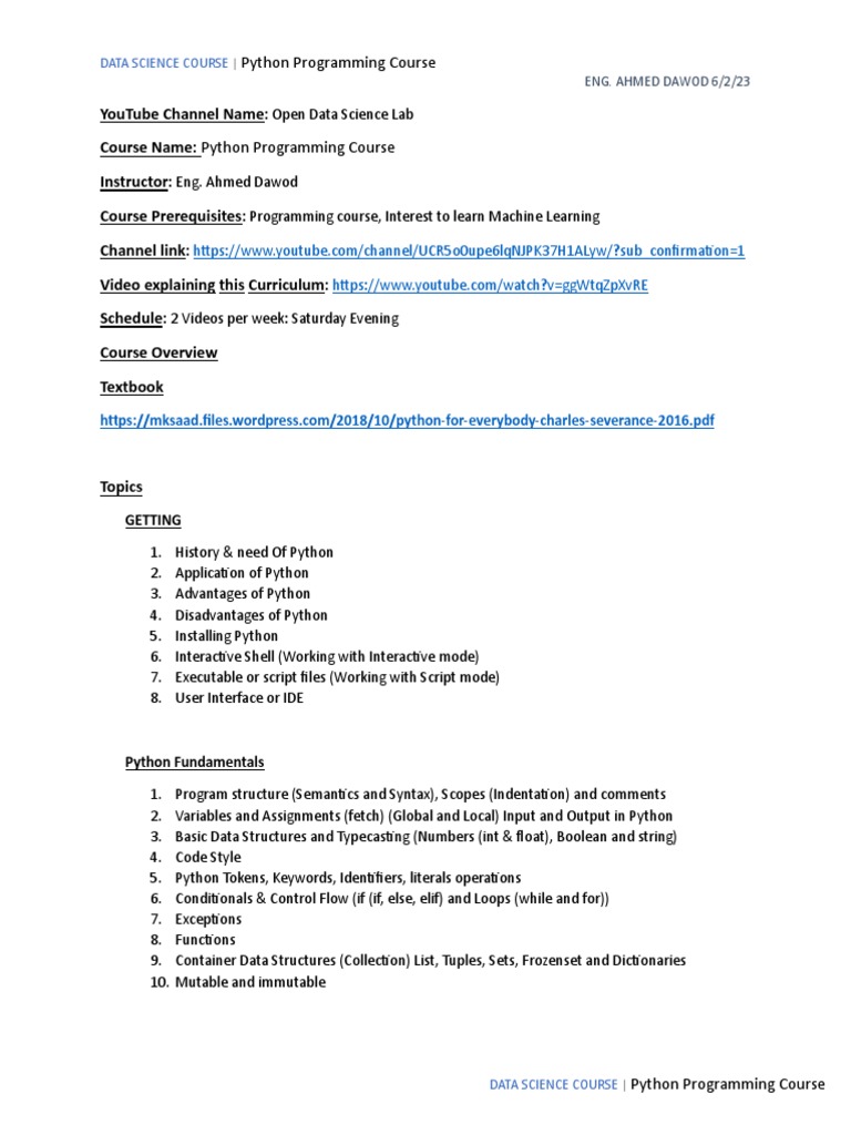 Data Science Course Python Programming Course Pdf Python Programming Language Control Flow