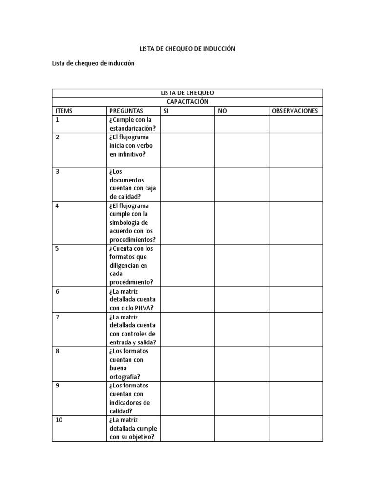 LISTA DE CHEQUEO DE INDUCCIÓN 01 | PDF
