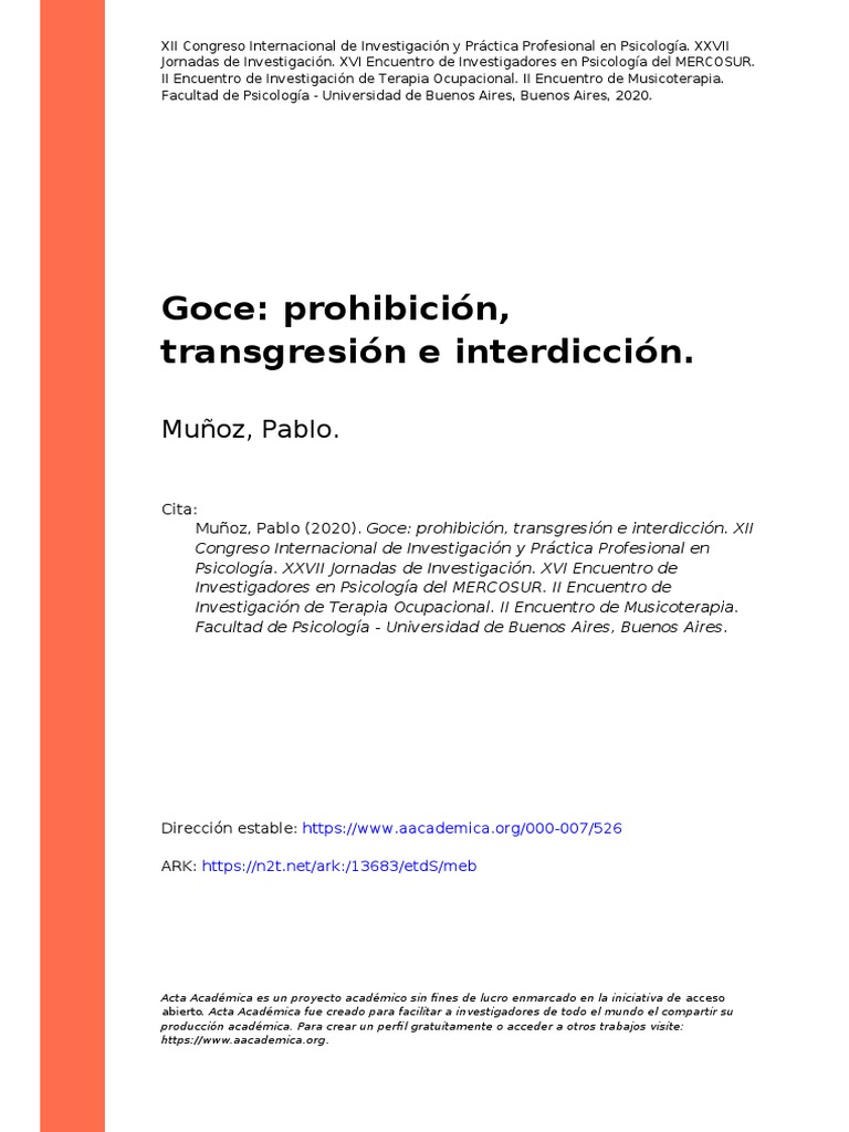 Muñoz, Pablo (2020) - Goce Prohibición, Transgresión e Interdicción ...