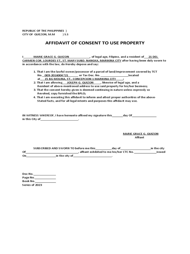 Affidavit To Use Property | PDF