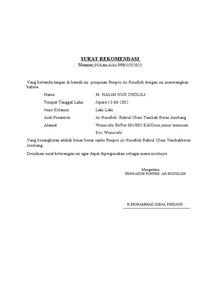 Surat Rekomendasi Pondok | PDF