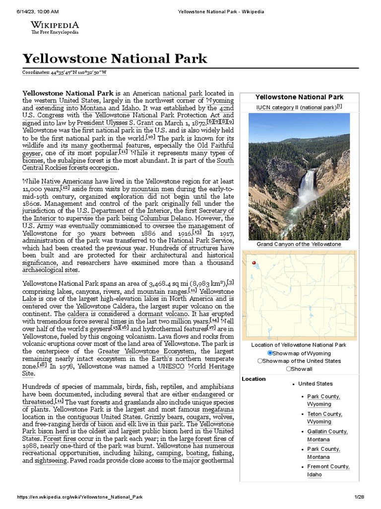 Yellowstone National Park - Wikipedia | PDF