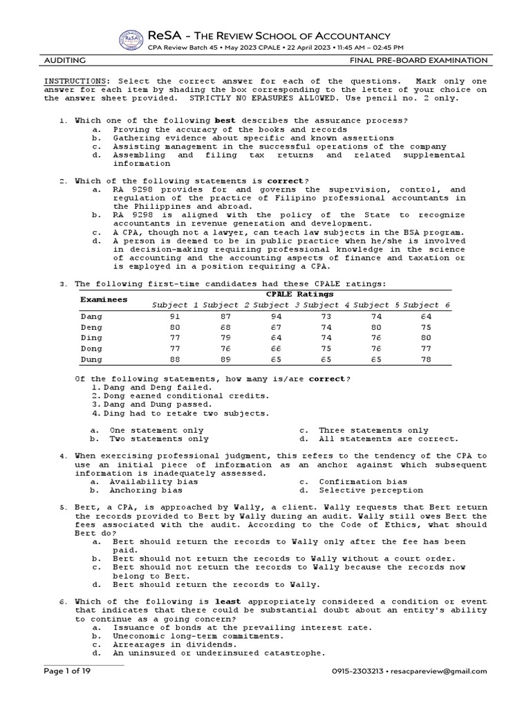 ReSA B45 AUD Final PB Exam Questions Answers Solutions-1 | PDF ...