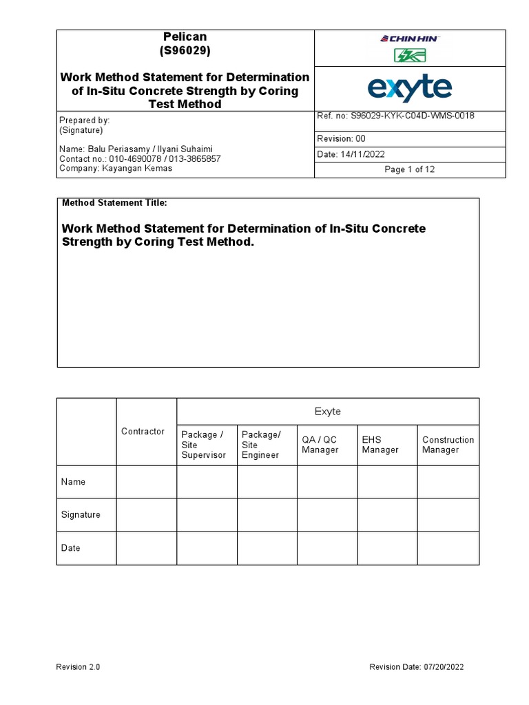 S96029_WMS for Concrete Coring Test Method Statement (1) | PDF