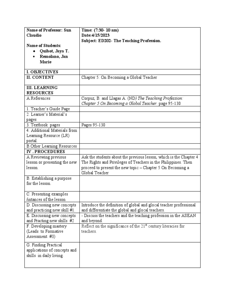 lesson plan chapter 5 the teaching profession | PDF | Teachers | Learning