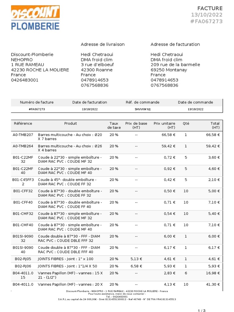 Facture Discount-Plomberie 13/10/2022 | PDF