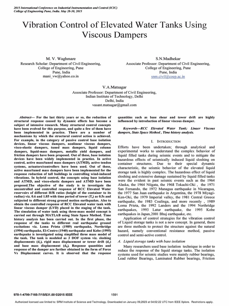Vibration Control of Elevated Water Tanks Using Viscous Dampers | PDF