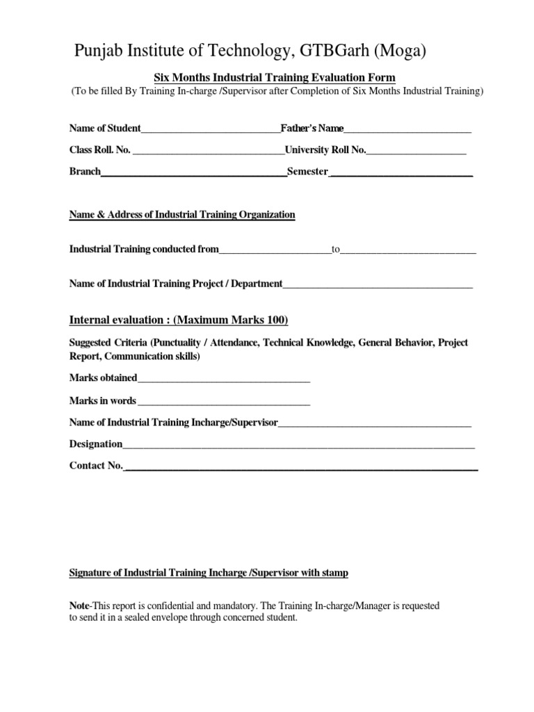 6 Month Industrial Training Evaluation Form | PDF