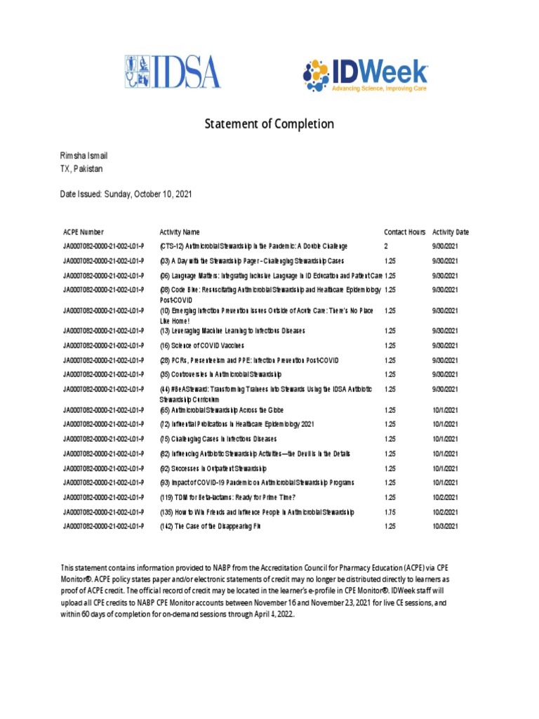 IDSA and CPE Certificate | PDF | Infection | Health Care
