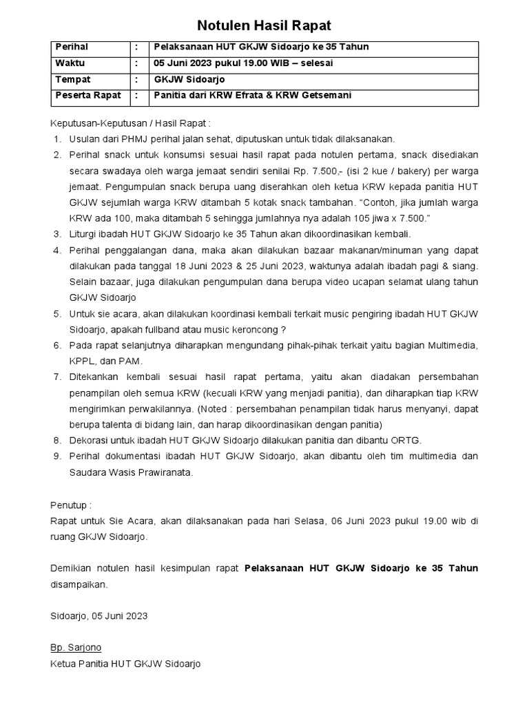 Notulen Hasil Rapat HUT GKJW Sidoarjo ke 35th - 3 | PDF