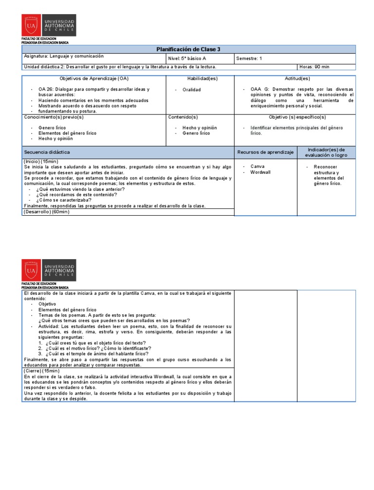 Planificación Clase 3 - 5° A | PDF