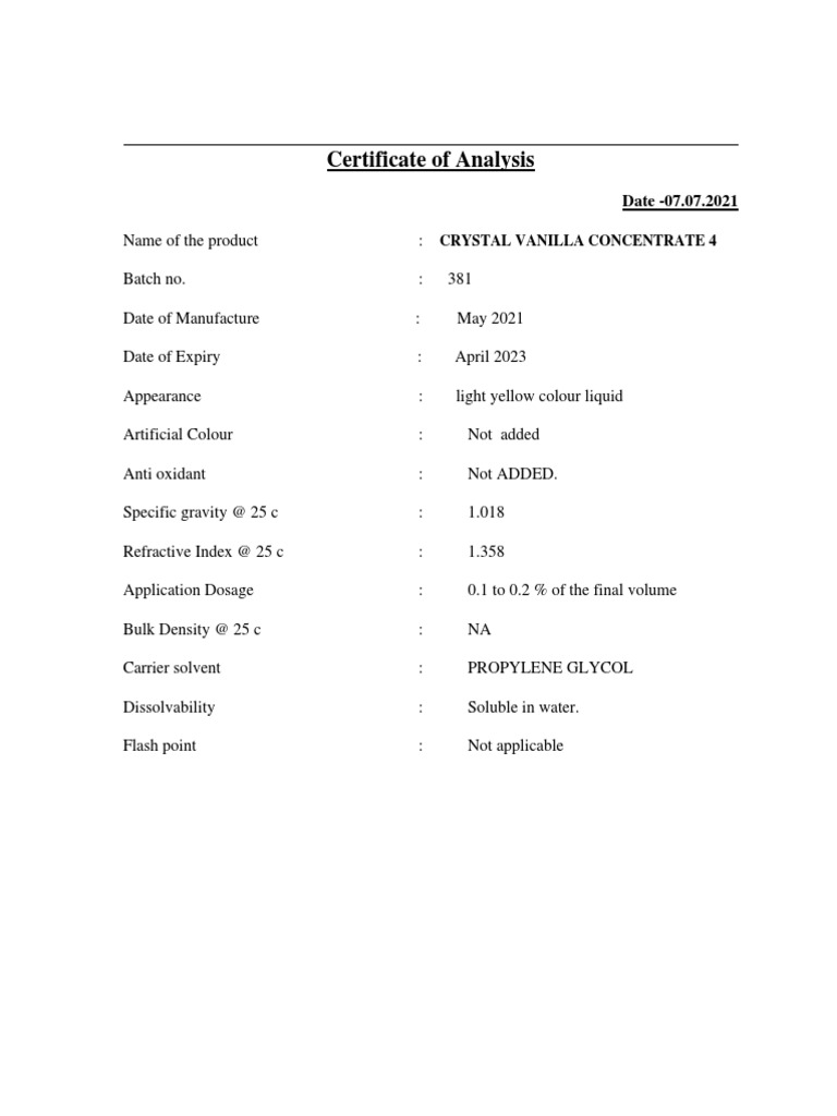 Certificate of Analysis For CRYSTALLINE VANILLA CONCENTRATE Flavour | PDF