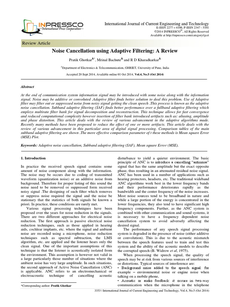 Noise Cancellation Using Adaptive Filtering Pdf Filter Signal Processing Discrete