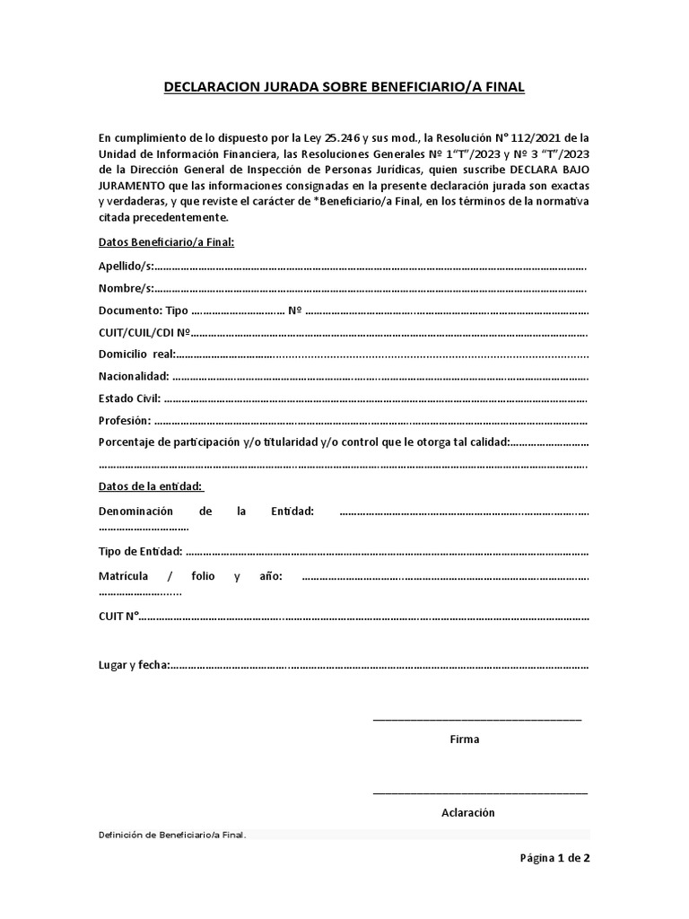Declaracion Jurada Sobre Beneficiario Final | PDF Declaracion Jurada Sobre Beneficiario Final | PDF