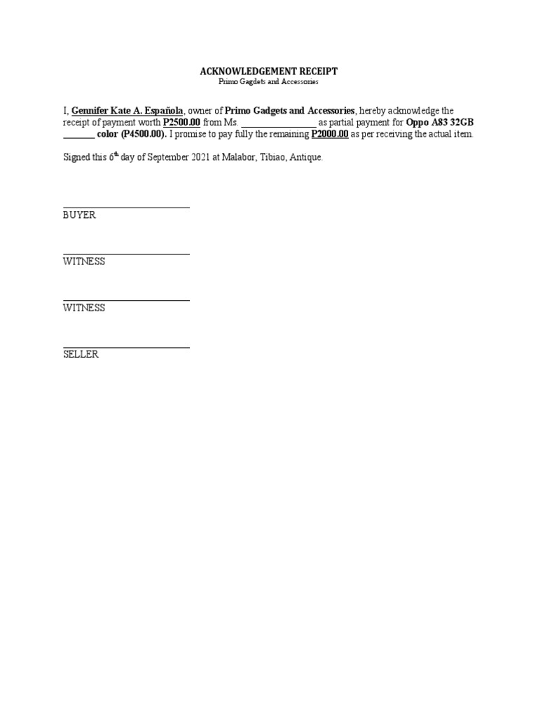 Acknowledgement Receipt - Primo Gadgets | PDF