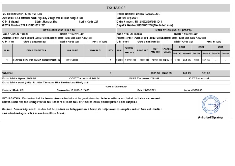 Mobitech Creations Invoice Summary | PDF | Taxes | Invoice
