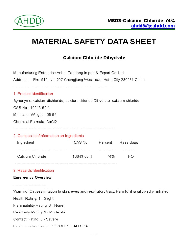 MSDS Cacl2 | PDF | Chlorine | Chemistry