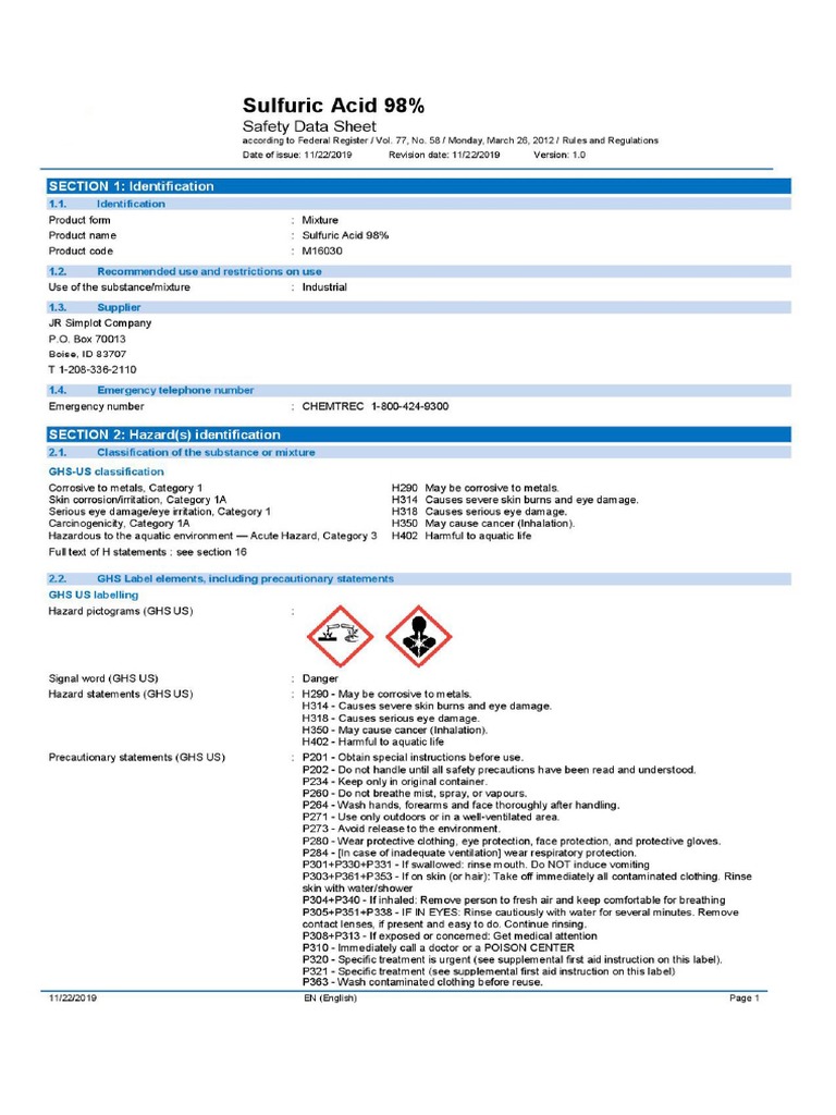 MSDS H2so4 | PDF