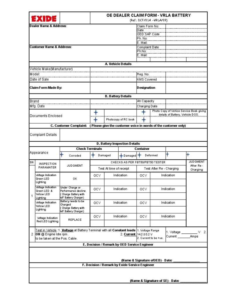Excide Dealer Claim Form - Vrla Batteries | PDF