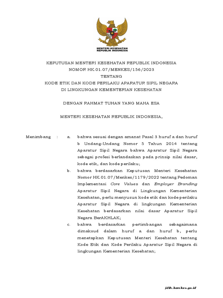 KMK No. HK.01.07-MENKES-156-2023 TTG Kode Etik Dan Kode Perilaku ASN Di Lingkungan Kemenkes ...