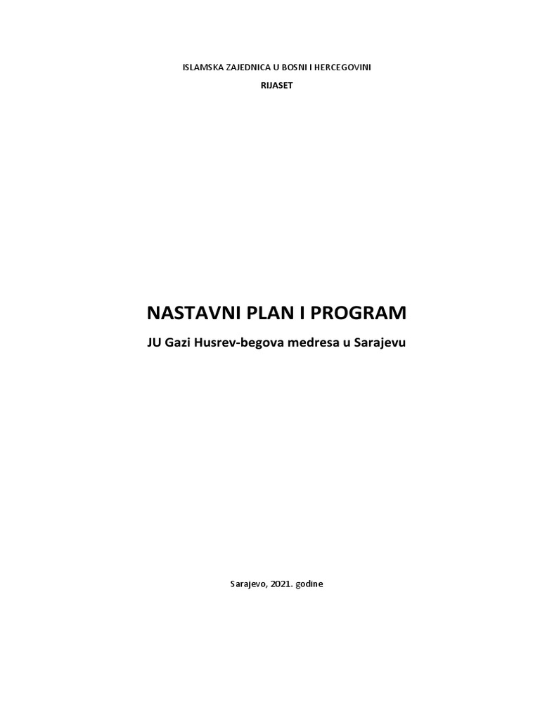 Nastavni Plan I Program JU Gazi Husrev-Begova Medresa | PDF