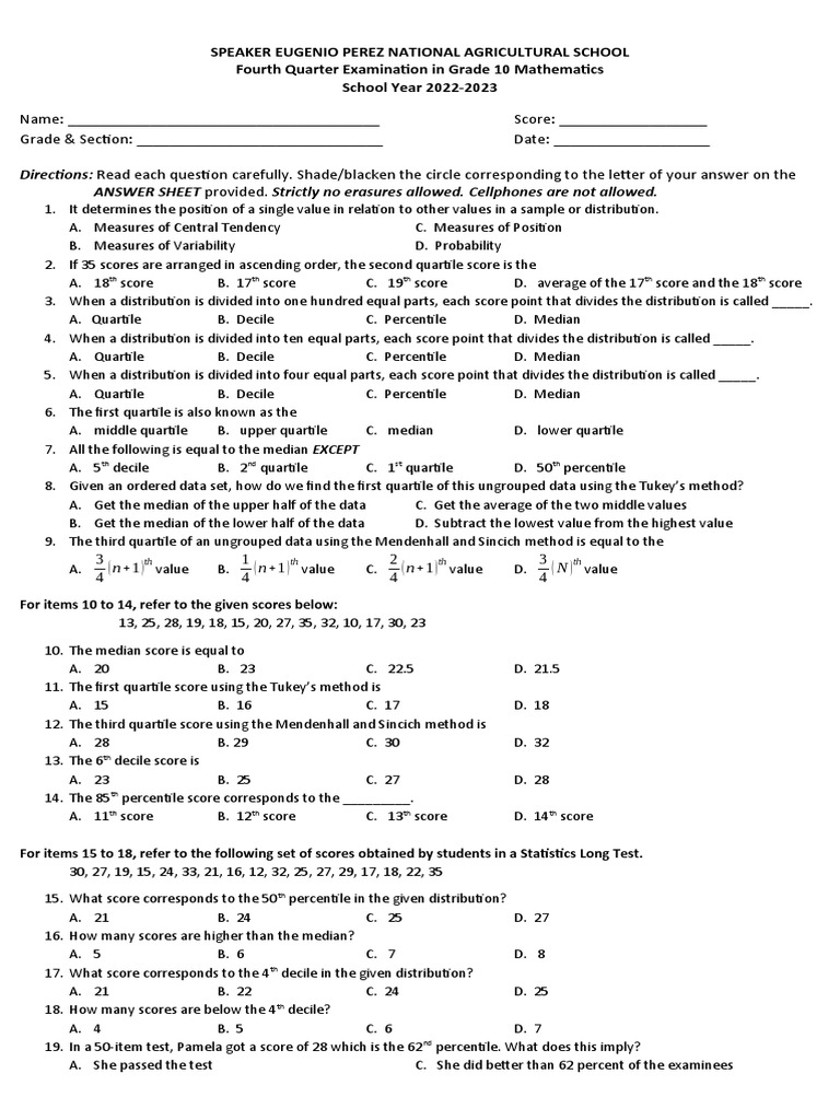 Fourth Quarter Test SY 2022 2023 G10 Math | PDF | Median | Percentile
