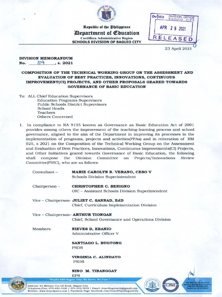 Division Memorandum No. 119 S. 2021 0001 | PDF
