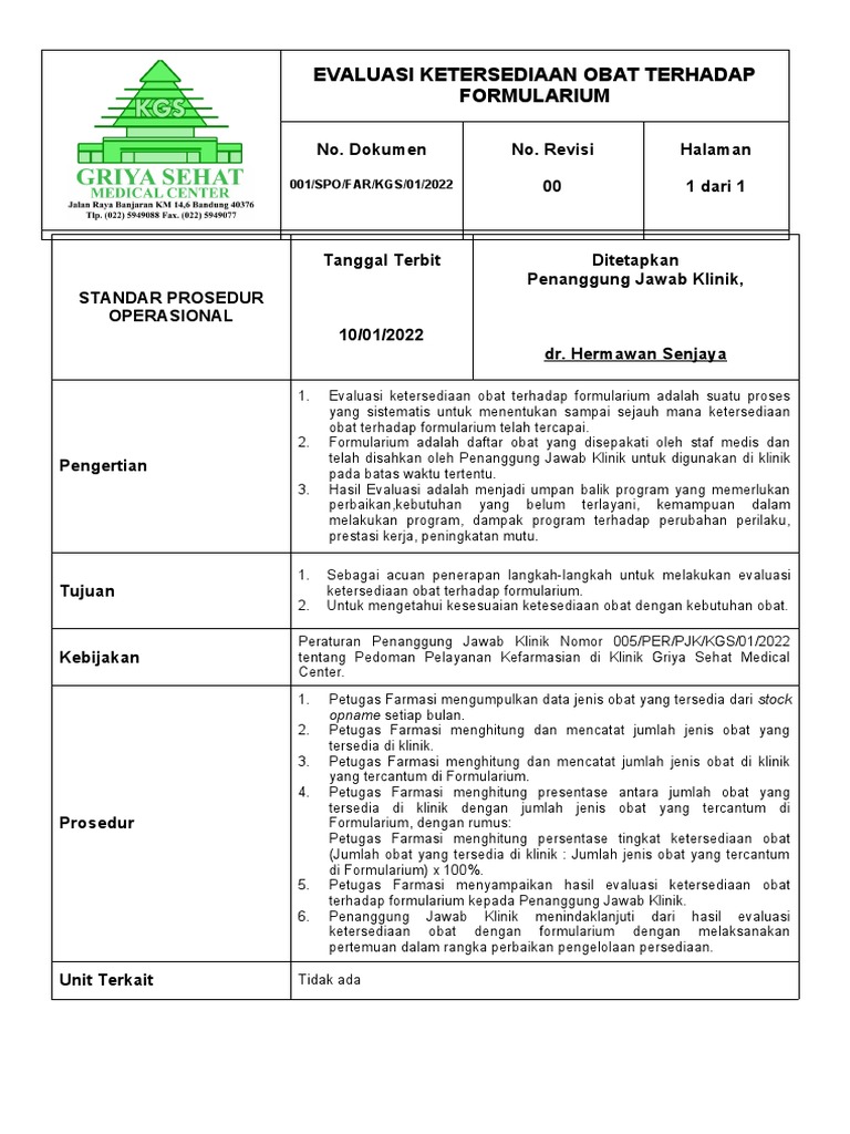 SPO Evaluasi Ketersediaan Obat Terhadap Formularium | PDF