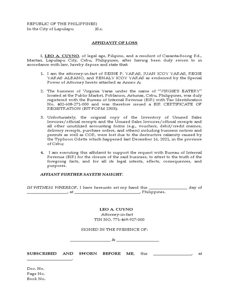 Affidavit of Loss - For Closure of Business | PDF
