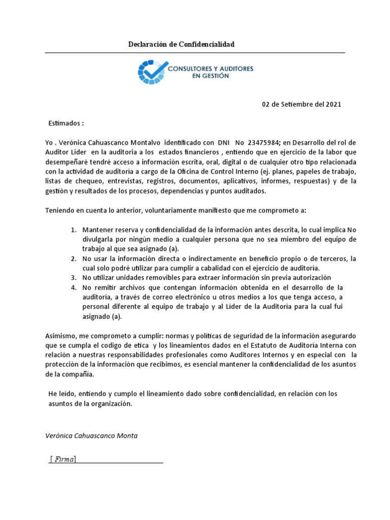 Compromiso de Confidencialidad en Auditoría | PDF