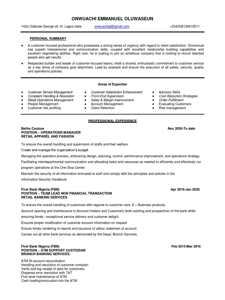 Onwuachi Emmanuel Resume | Download Free PDF | Banks | Automated Teller ...