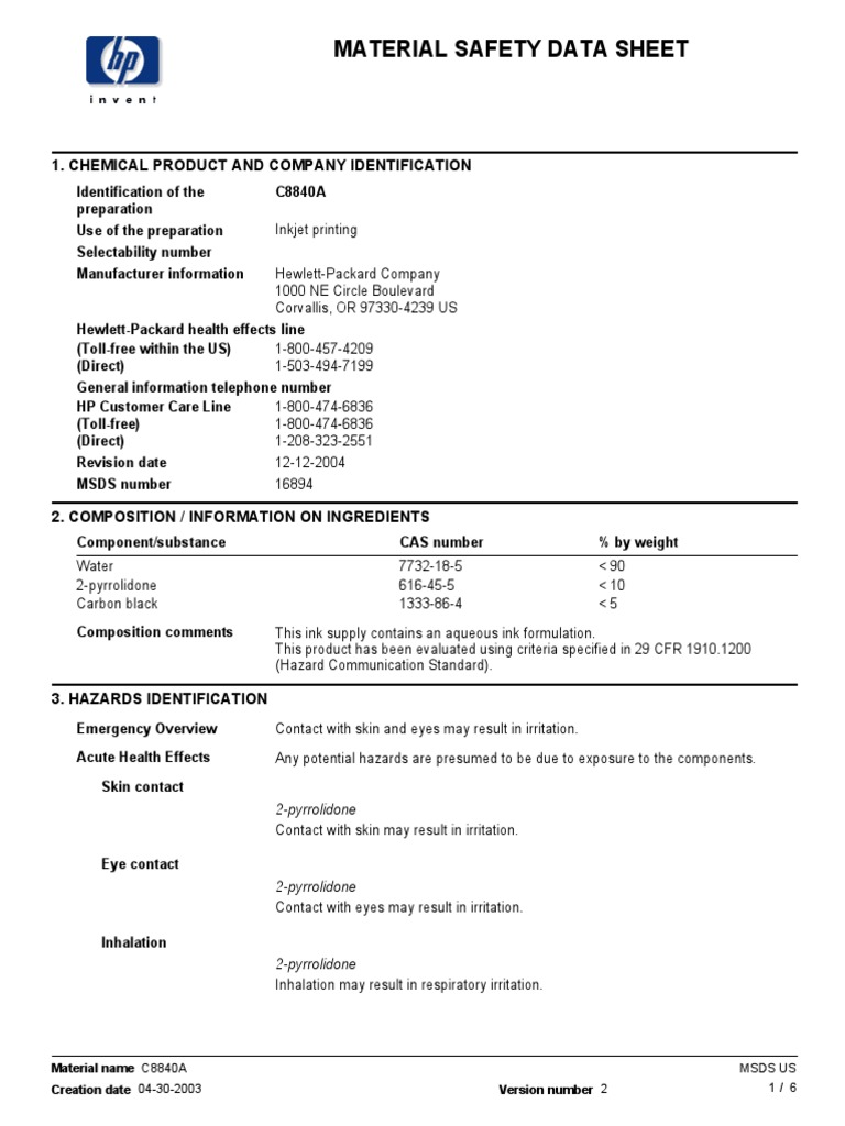 HP Ink MSDS - Op C8840a Us Eng v2 | PDF