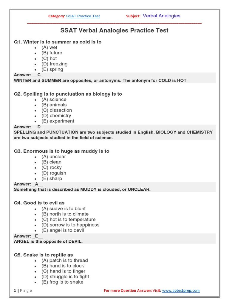SSAT Verbal Test 1 Answers | PDF | Lamb And Mutton | Sheep