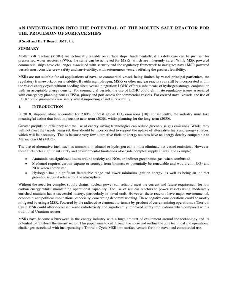 Molten Salt Reactor Potential for Ship Propulsion | PDF