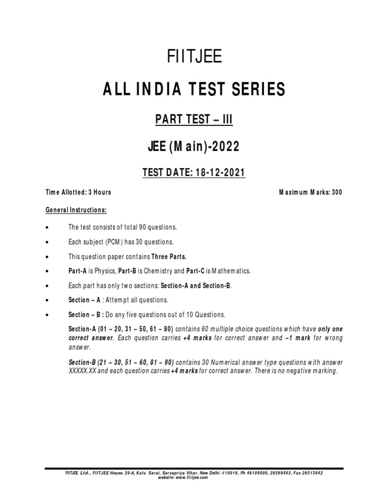 Aits PT-3 Jee Main 18.12.2021 Solution+qp | PDF | Physical Quantities ...