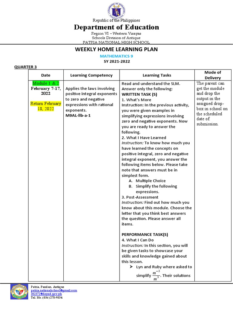 WHLP (For Teachers-Quarterly) Math 9 Q3 | PDF | Exponentiation | Learning