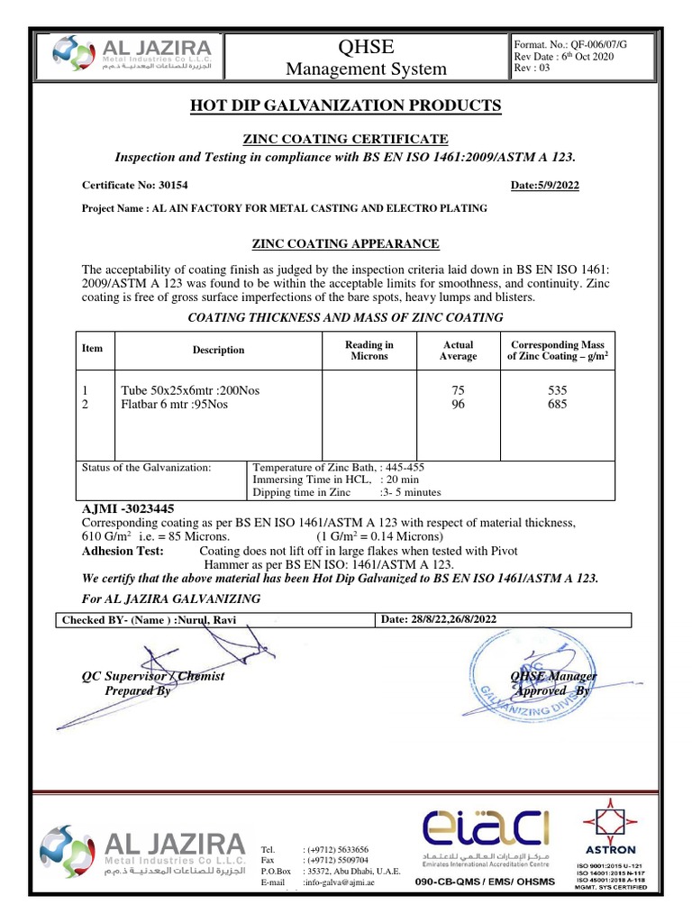 Zinc Coating Certificate for Galvanization | PDF