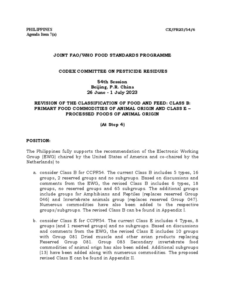 Agenda Item 7 (A) Class B Primary Food Commodities Class E Processed ...