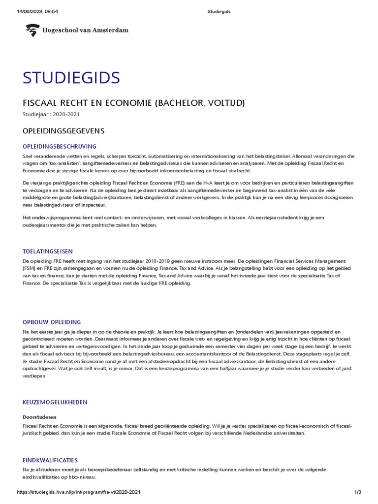 Studiegids HvA FRE 2020-2021 | PDF
