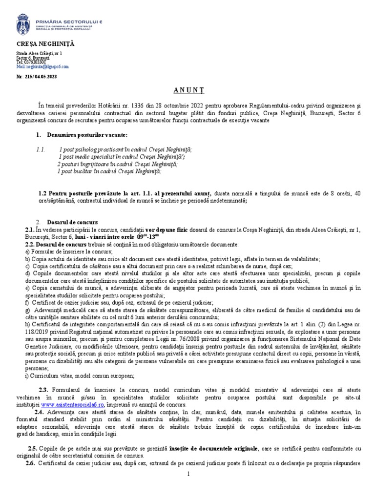 Anunt Concurs Posturi Vacante Cresa Neghinita 1 | PDF